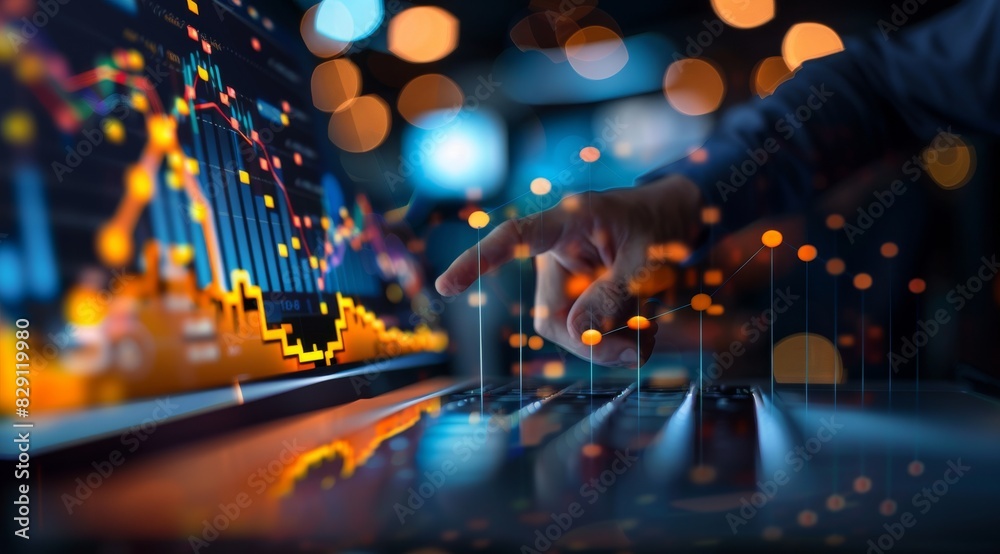 Businessman touching a digital screen with a growth graph chart and ...