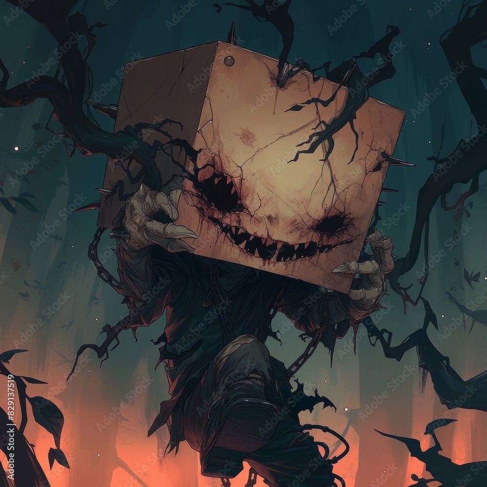 dark fantasy box toy, unsettling face, broken mask, Big spring big hand ...