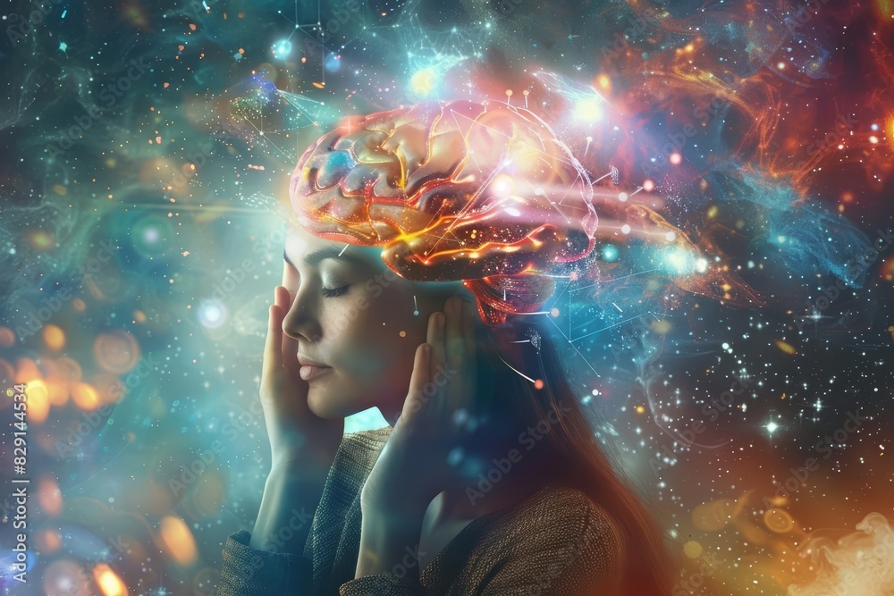 An abstract image of a woman holding her temples with a luminous brain ...
