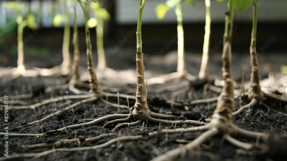 Detailed close-up of young sunflower plants sprouting in rich, dark ...