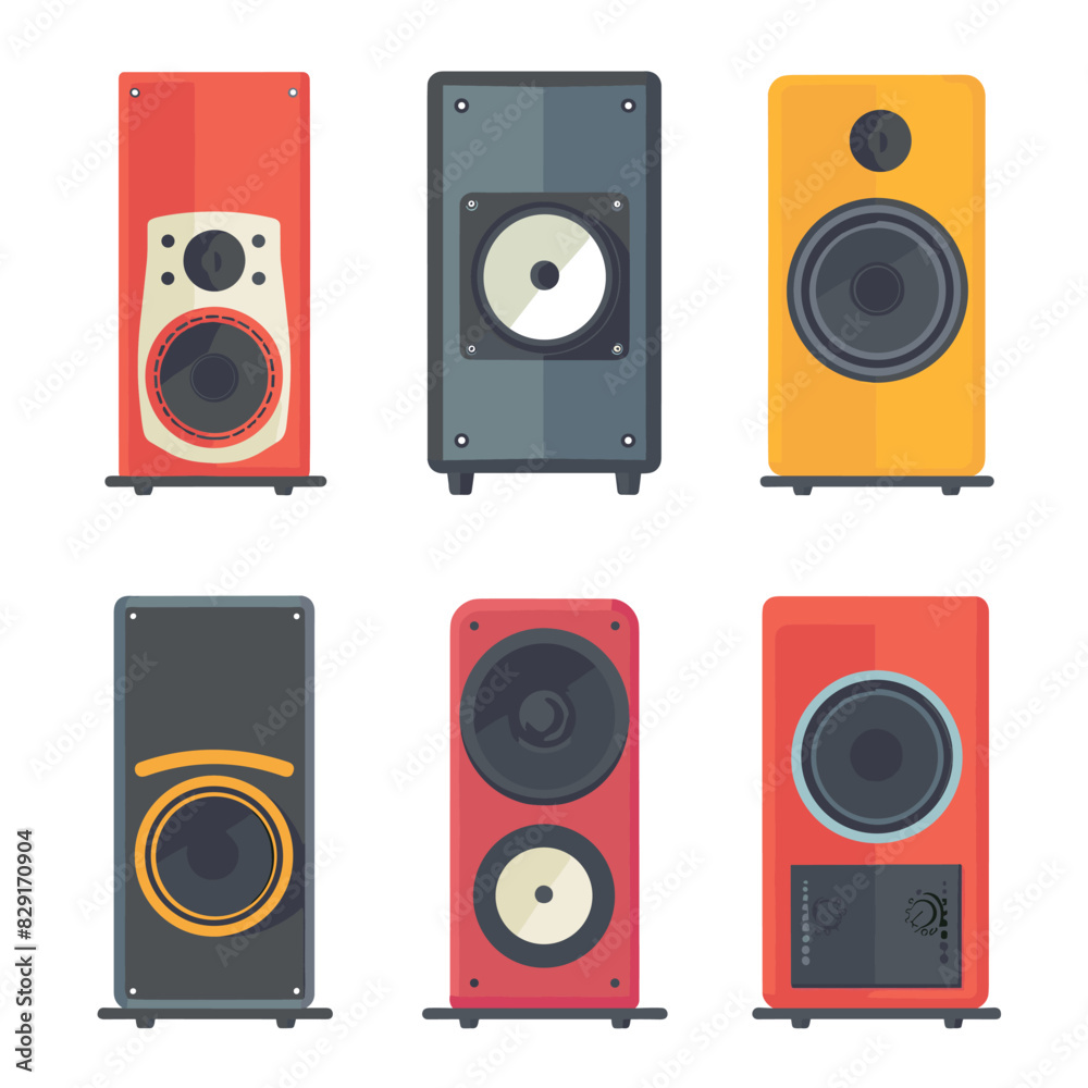 Flat design vector illustration featuring six colorful speakers ...