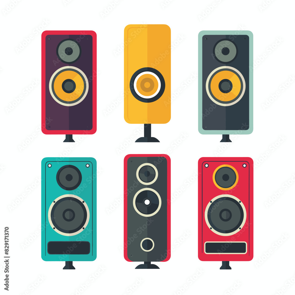 Set colorful standing speakers isolated white background. Six different ...
