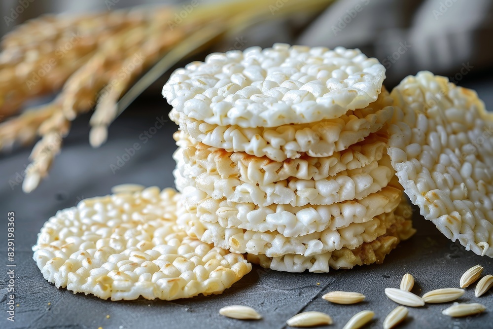 Round rice cakes on a table Puffed rice diet bread Text copy area ...