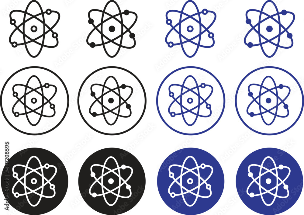Set of Molecule nucleus science vectors symbols. Atom Icons physics nuclear research signs ...