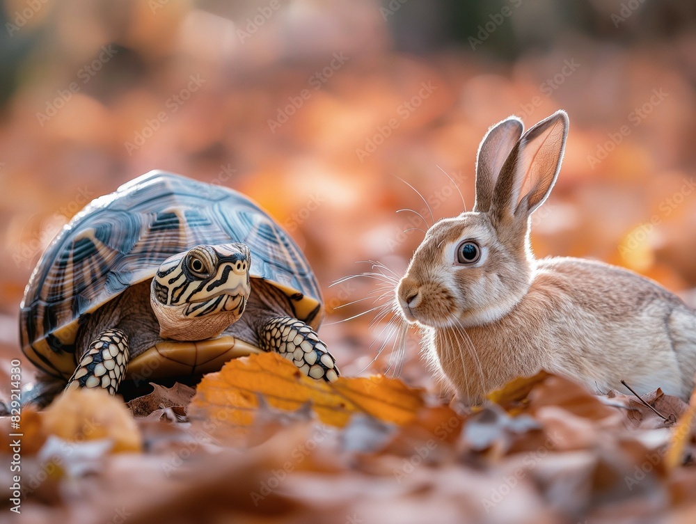 A turtle and a hare captured in a dynamic woodland scene, embodying the ...