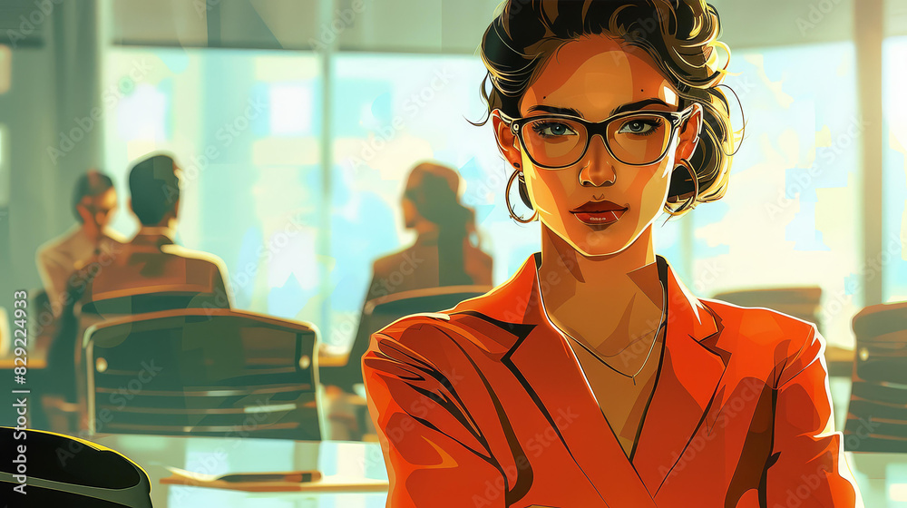 Vibrant illustration of a female CEO in a boardroom inspiring ...