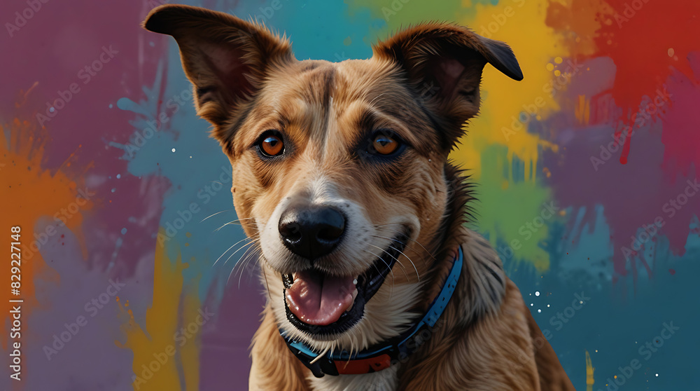2d paint Cartoon style portrait of street dog smiling, splash colors ...