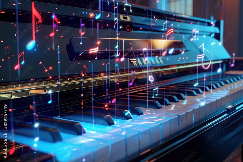 Elegant digital piano with holographic musical notes floating above the ...