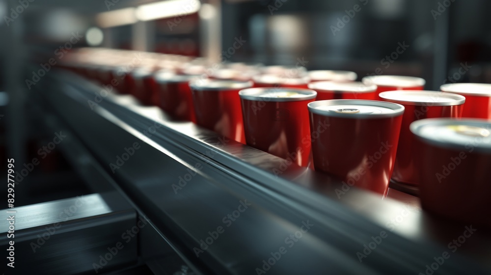 A conveyor belt transporting cans of soup to the labeling and packaging ...