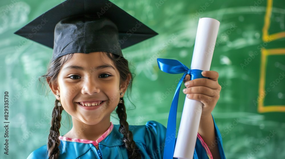 Young girl in blue graduation gown and cap, holding diploma with a blue ...