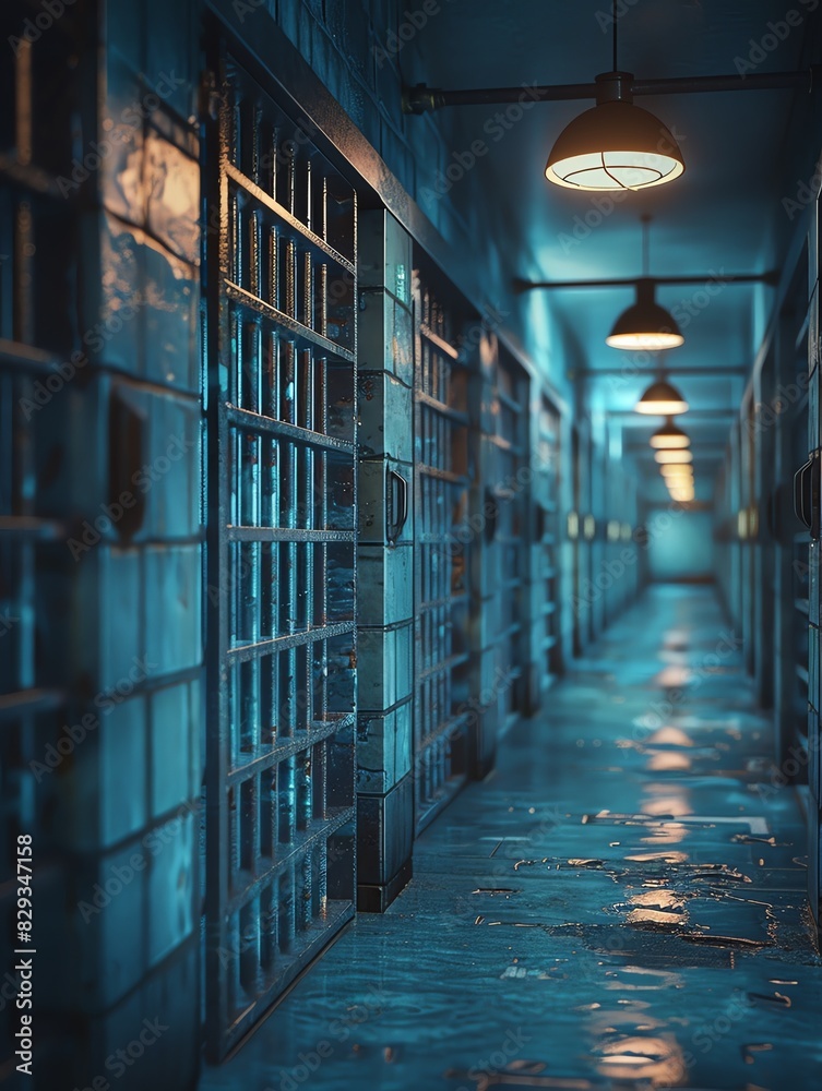Moody, dimly lit prison corridor with metal bars and old, industrial ...