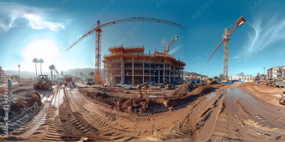 An immersive 360-degree panorama of a bustling construction site, where ...
