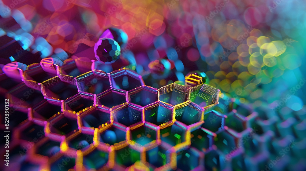 Render an image featuring captivating hexagonal molecular patterns composed of intricate dots ...