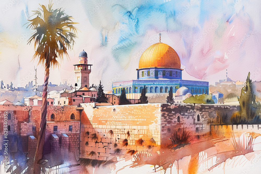 Watercolor hand draw The Al-Aqsa Mosque in Jerusalem is one of the ...