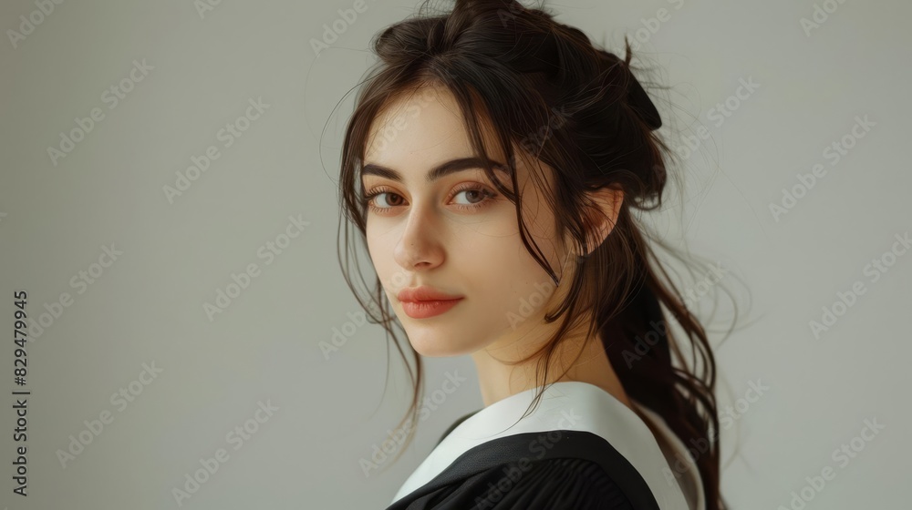 Graduate in black gown, plain background, close view, spotlight effect ...