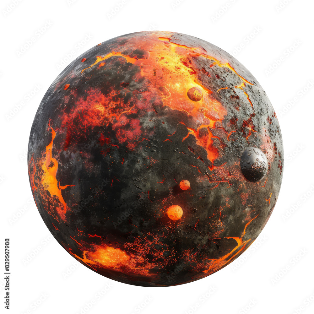 Lava planet with glowing fissures against transparent background Stock ...