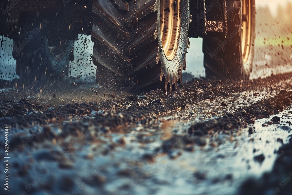 Tractor tires in mud splashing water and dirt on the road. Truck wheels ...