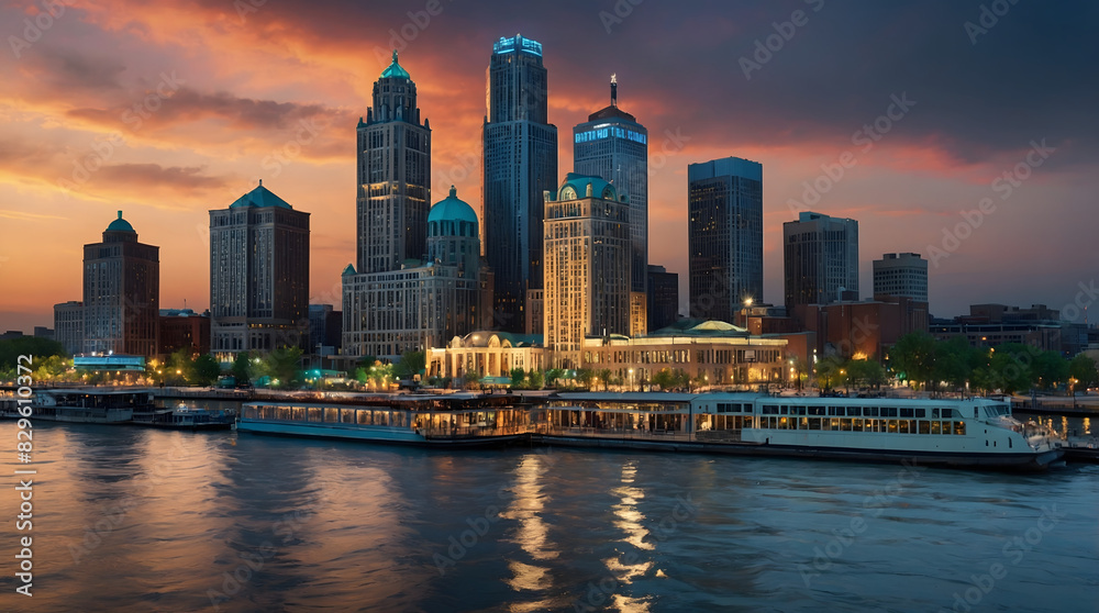 Detroit skyline at sunset, reflecting on the tranquil waters of the ...