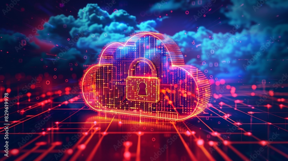Digital illustration of cloud computing security with a glowing lock, emphasizing data ...