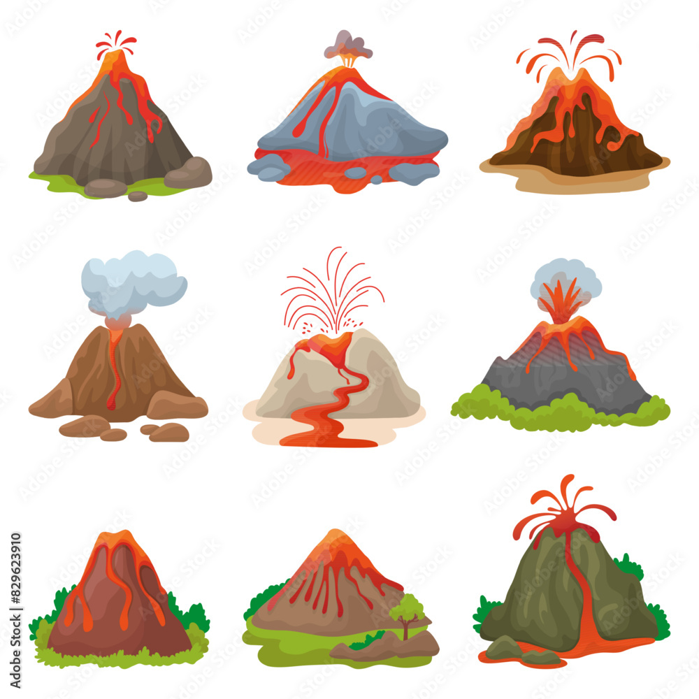 Cartoon volcano. Eruption processes, volcanoes with magma and fire ...