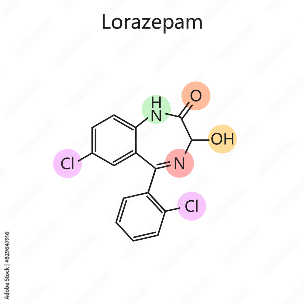 Chemical organic formula of Lorazepam diagram hand drawn schematic raster illustration. Medical ...
