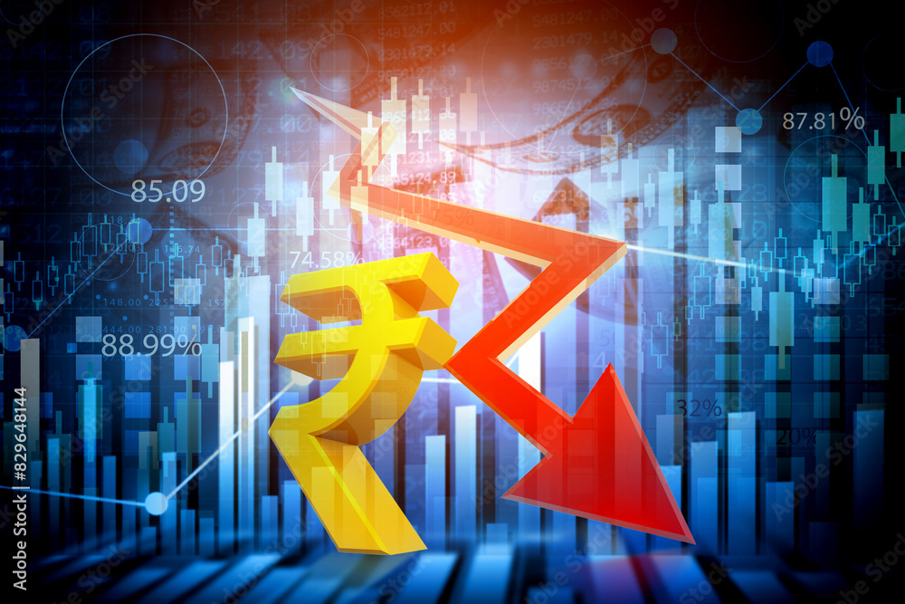 Stock Market graph. Indian rupee symbol with down arrow on stock market ...