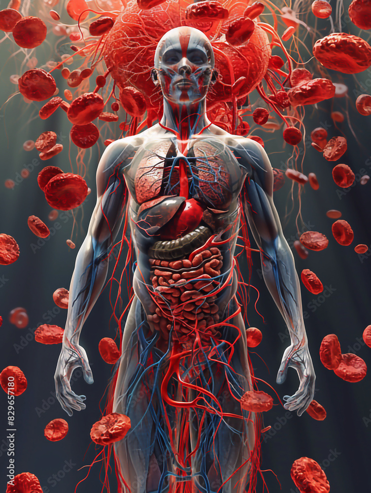 Illustration of a human figure showing muscles and blood vessels ...