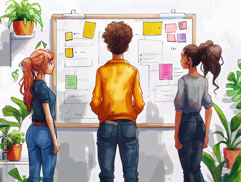 simple minimalistic line art drawing of people using a whiteboard to ...