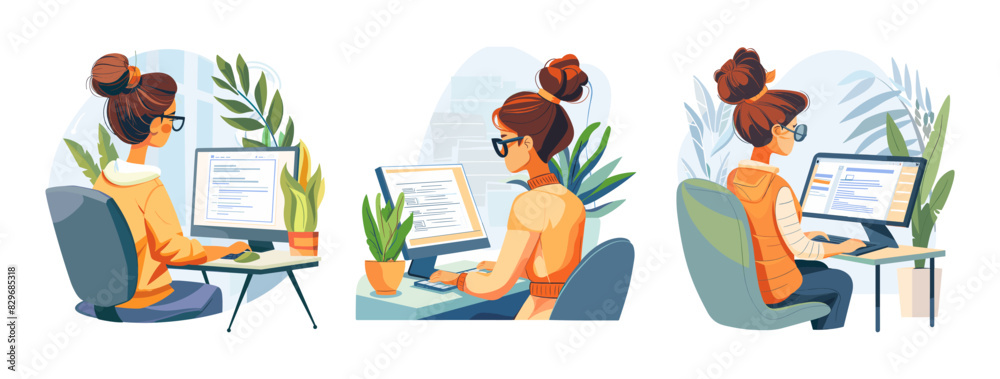 Job search woman secretary cartoon vector scene. Girl back view glasses ...