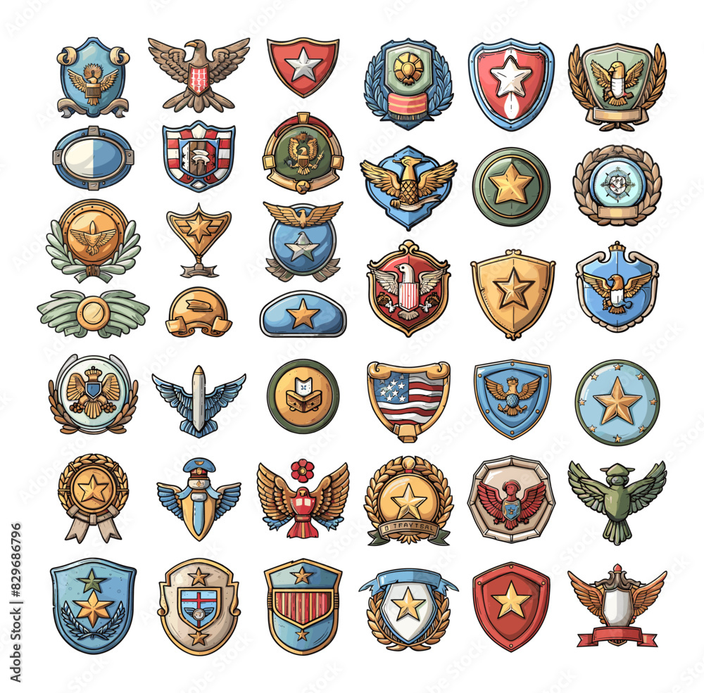 Military badges cartoon vector set. Awards stars wings shields ...