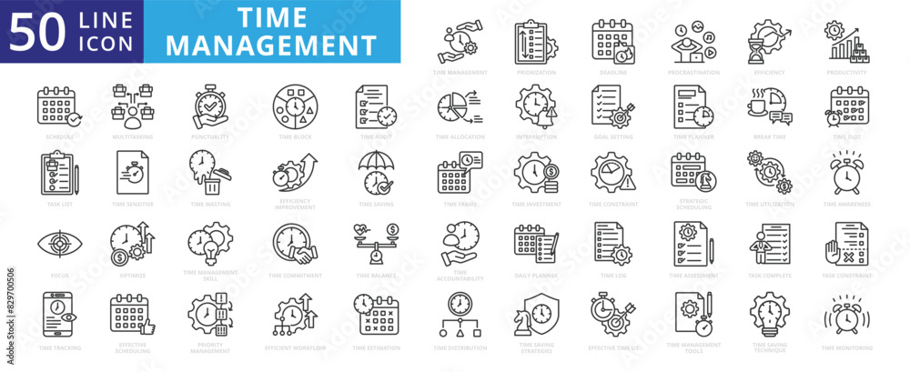 Time management icon set with prioritization, deadline, procrastination ...