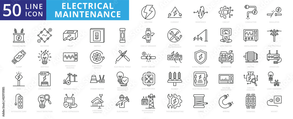 Electrical maintenance icon set with voltage, current, resistance ...