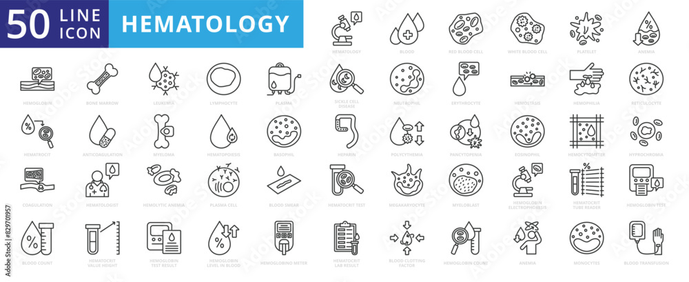 Hematology icon set with blood, red cell, white, platelet, anemia ...