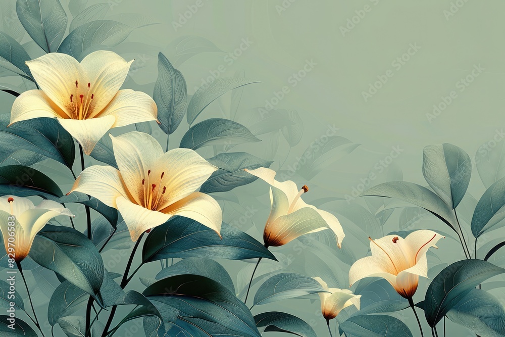 Elegant illustration of yellow lilies with green leaves on a soft green ...