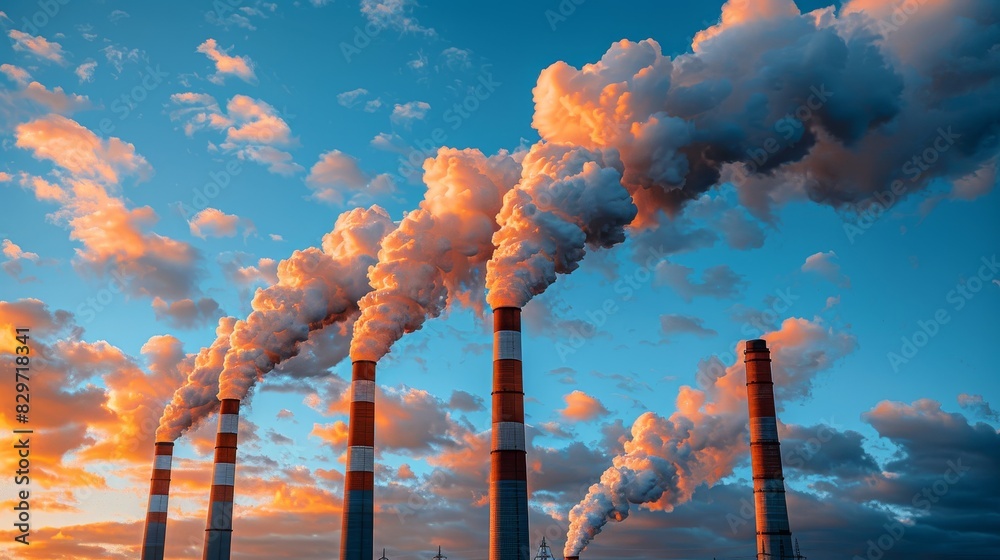 Dramatic image of several coal power plant smokestacks releasing carbon ...