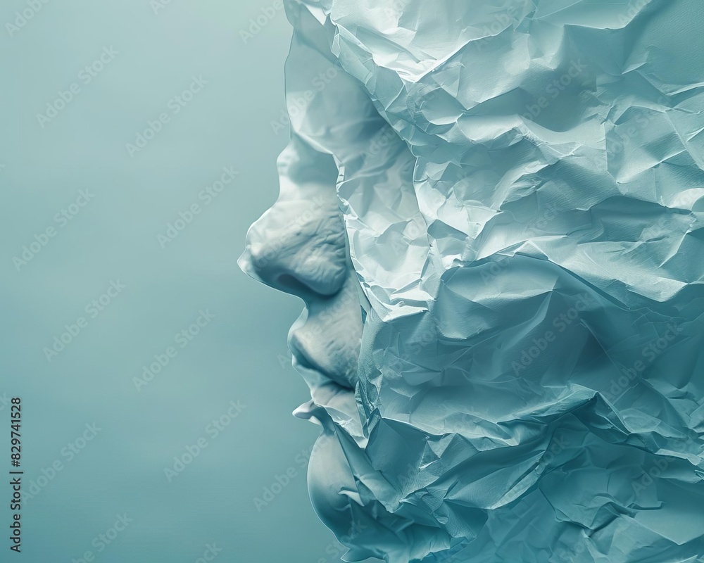 Abstract artistic depiction of a human face using crumpled paper ...