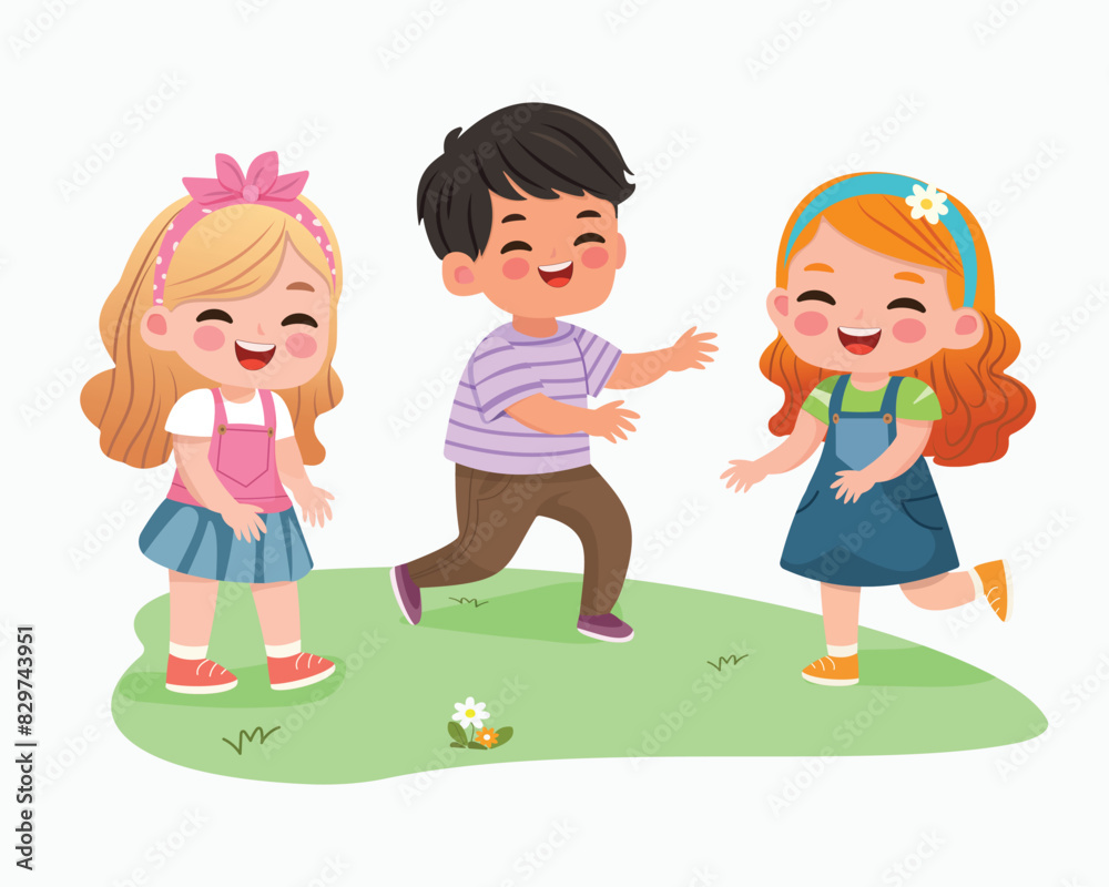 Smiling international kids playing and running. Cartoon character in ...