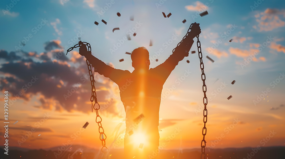Defocused silhouette of a man breaking free from the chains concept ...
