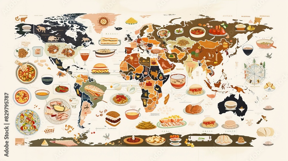 Illustrate a world map showing the global spread of various cuisines ...