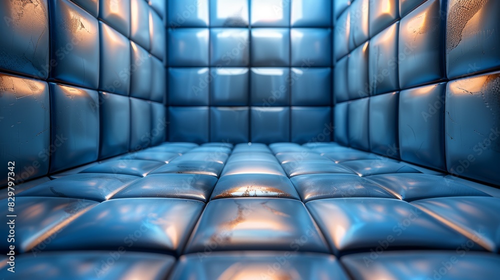This image shows a blue padded room, often used for soundproofing, with ...