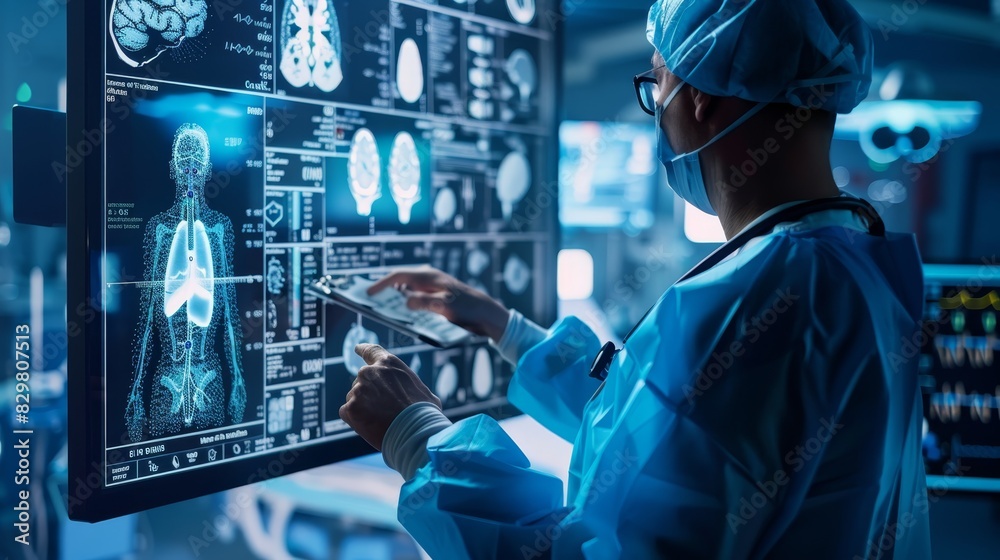 Medical professional analyzing digital brain and chest scans on ...