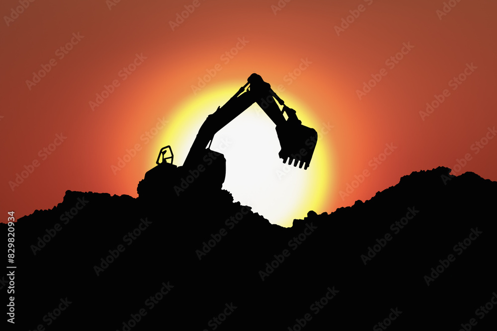 Crawler excavators silhouette are digging the soil in the construction ...