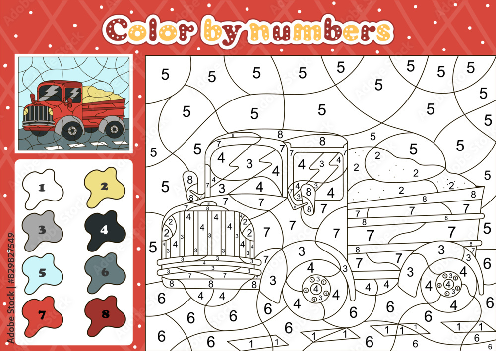 Car themed coloring page by number for kids with dump truck full of ...