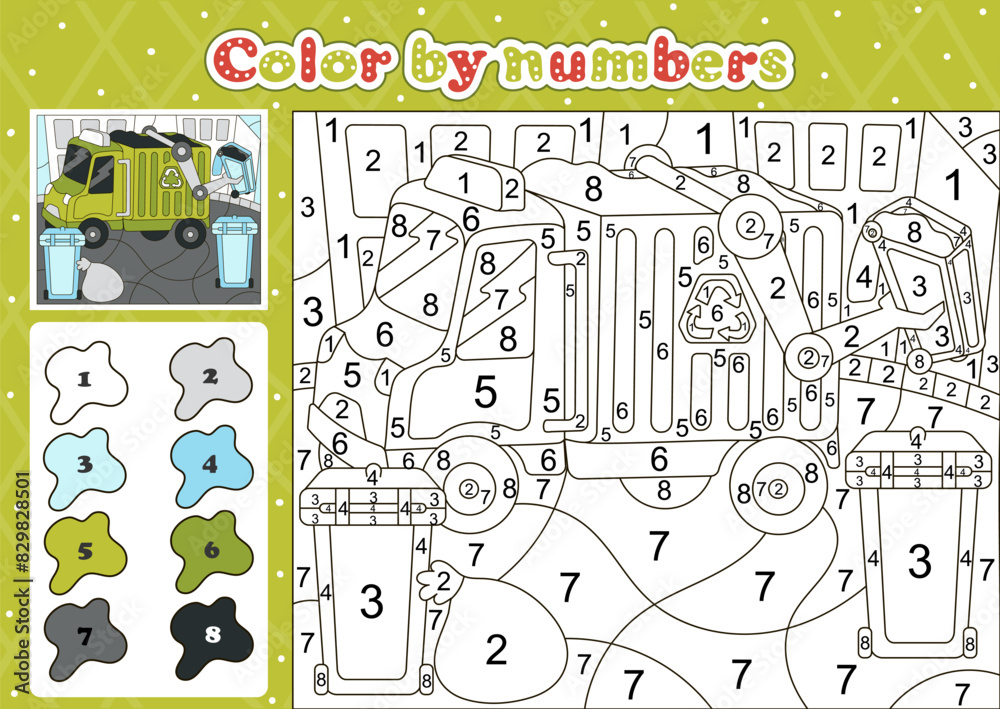 Car themed coloring page by number for kids with cute garbage truck ...