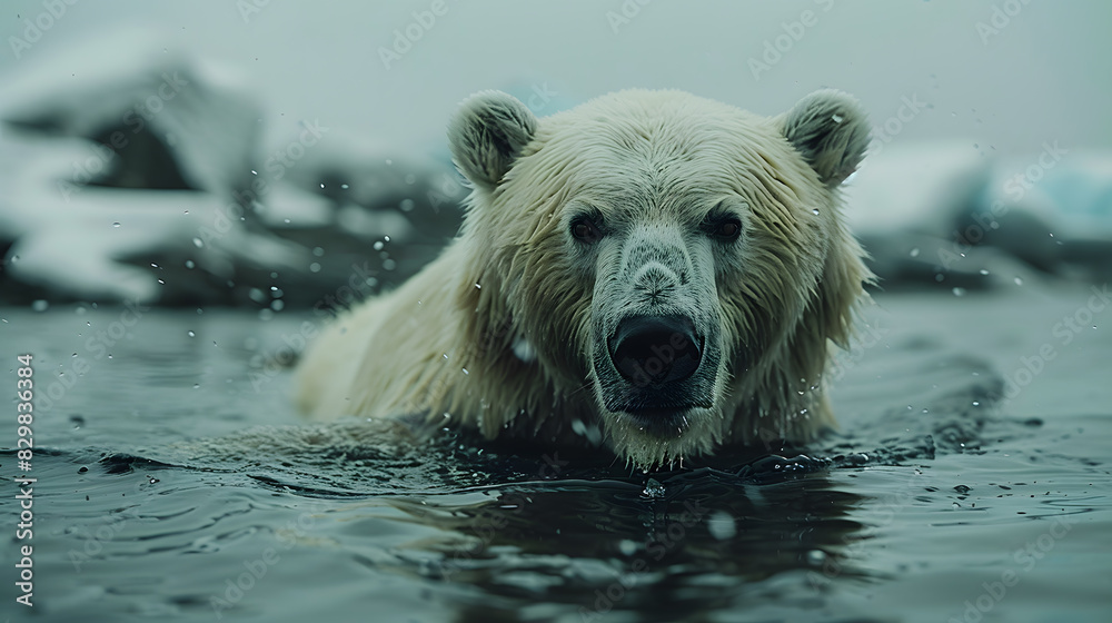 A polar bear stranded on melting ice, impact of global warming and ...