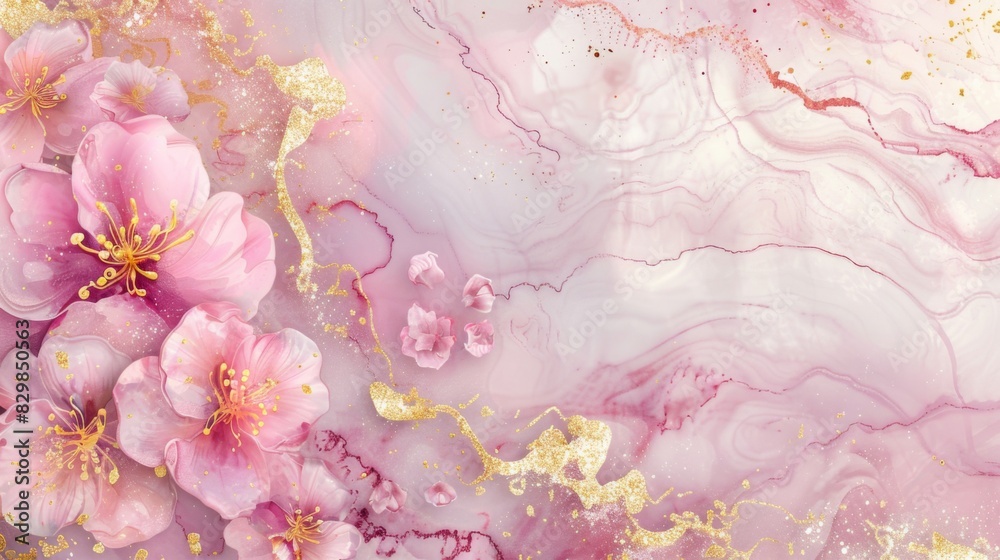 Watercolor illustration of pink flowers with gold foil accents Stock ...