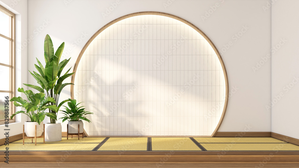Modern japan style empty room with a raised wooden floor and wall arch ...