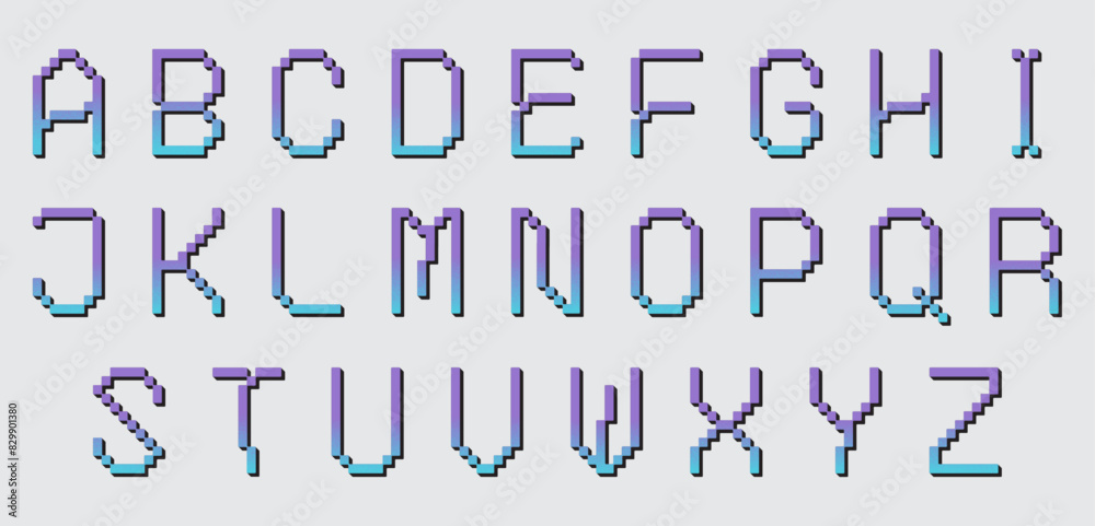 Pixel Letters with grainy gradient texture. Digital techno alphabet. 8 ...