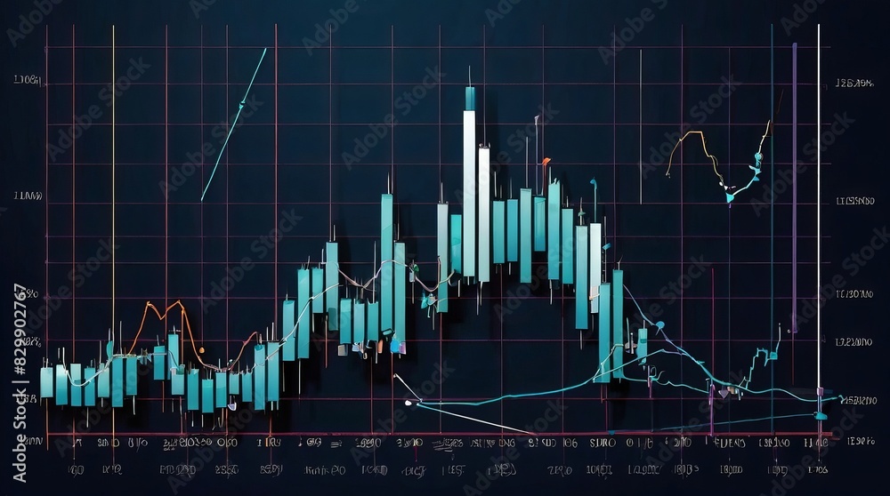 On a blue background, a business candlestick graph charts stock market ...