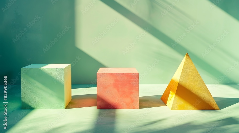 A photograph of three colorful geometric shapes, including one cube and ...